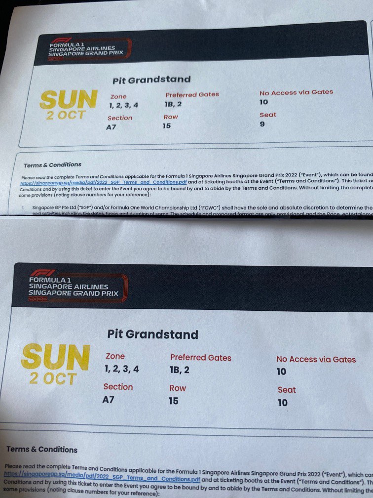 F1 tickets pit grandstand,Two for $1750, Tickets & Vouchers, Event ...