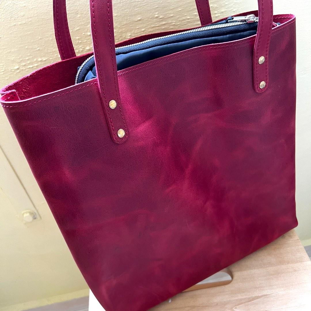 Vintage Genuine Handmade Leather Red Tote Bag, Women's Fashion, Bags ...