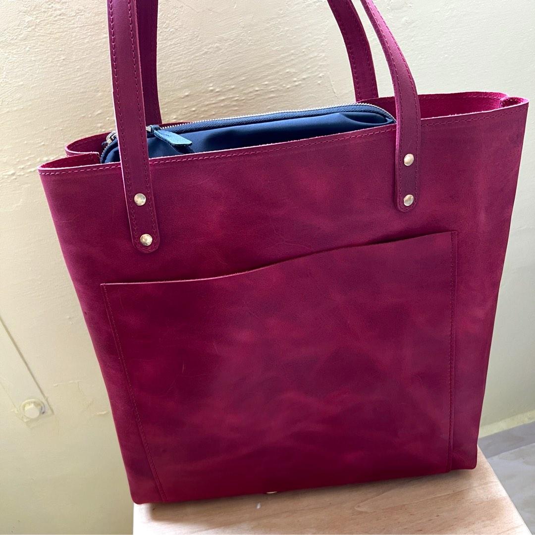 Vintage Genuine Handmade Leather Red Tote Bag, Women's Fashion, Bags ...