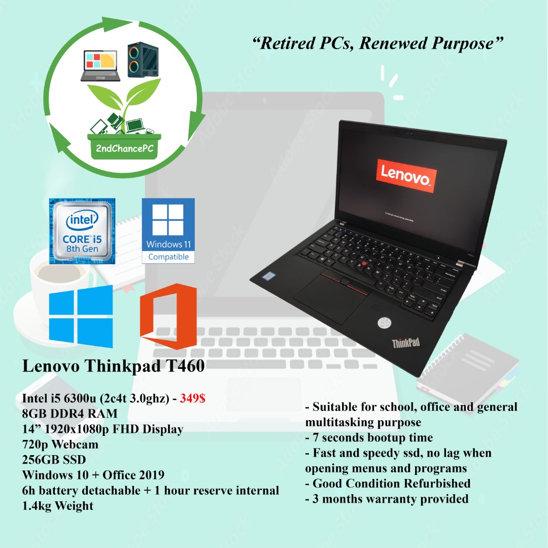 Lenovo Thinkpad T460 14" FHD Display Intel i5 6300u 8GB Ram 256gb SSD ...