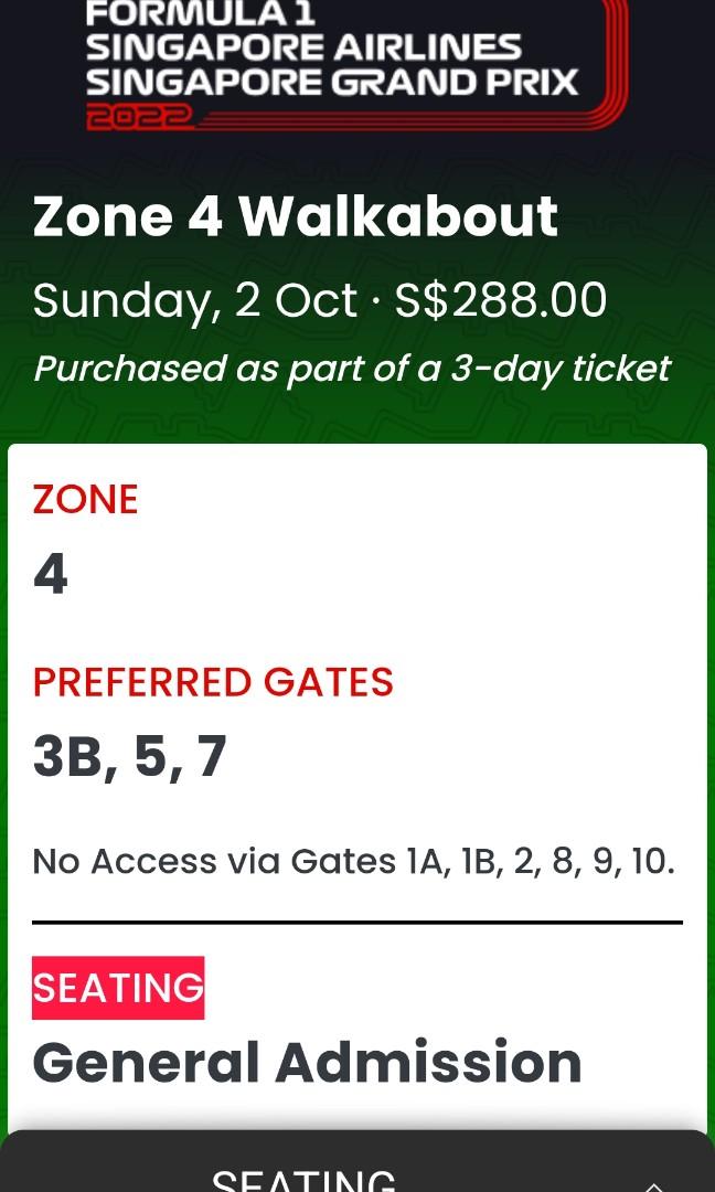 Singapore f1, zone 4 walkabout, padang stage. Eticket, Tickets ...