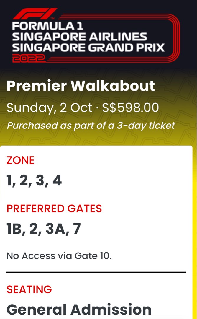 Sunday all zones F1 walkabout ticket, Tickets & Vouchers, Event Tickets ...