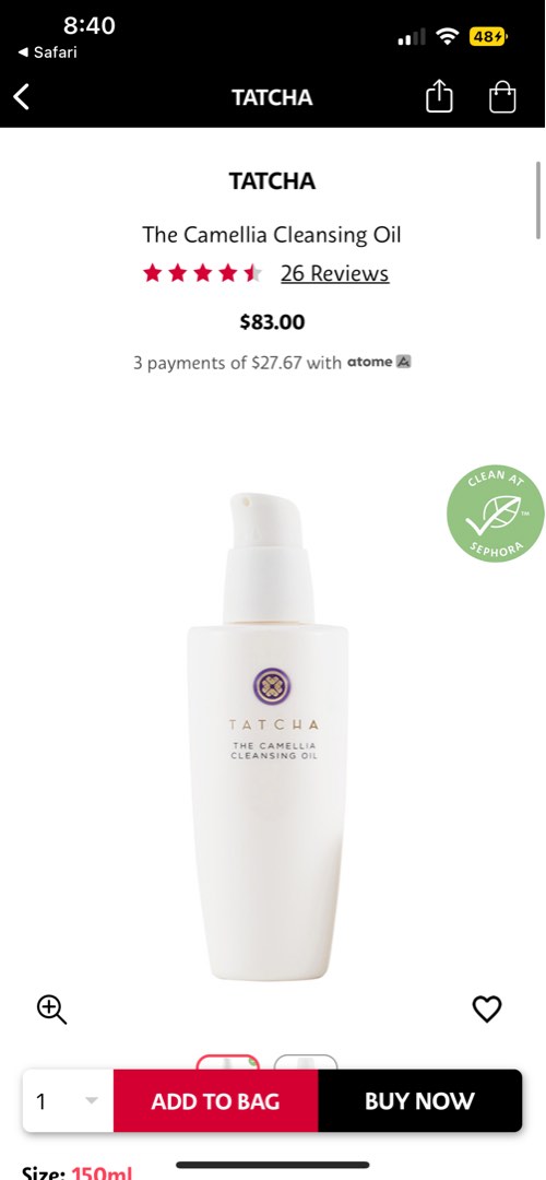 Tatcha The Camellia Cleansing Oil 150ml, Beauty & Personal Care, Face ...