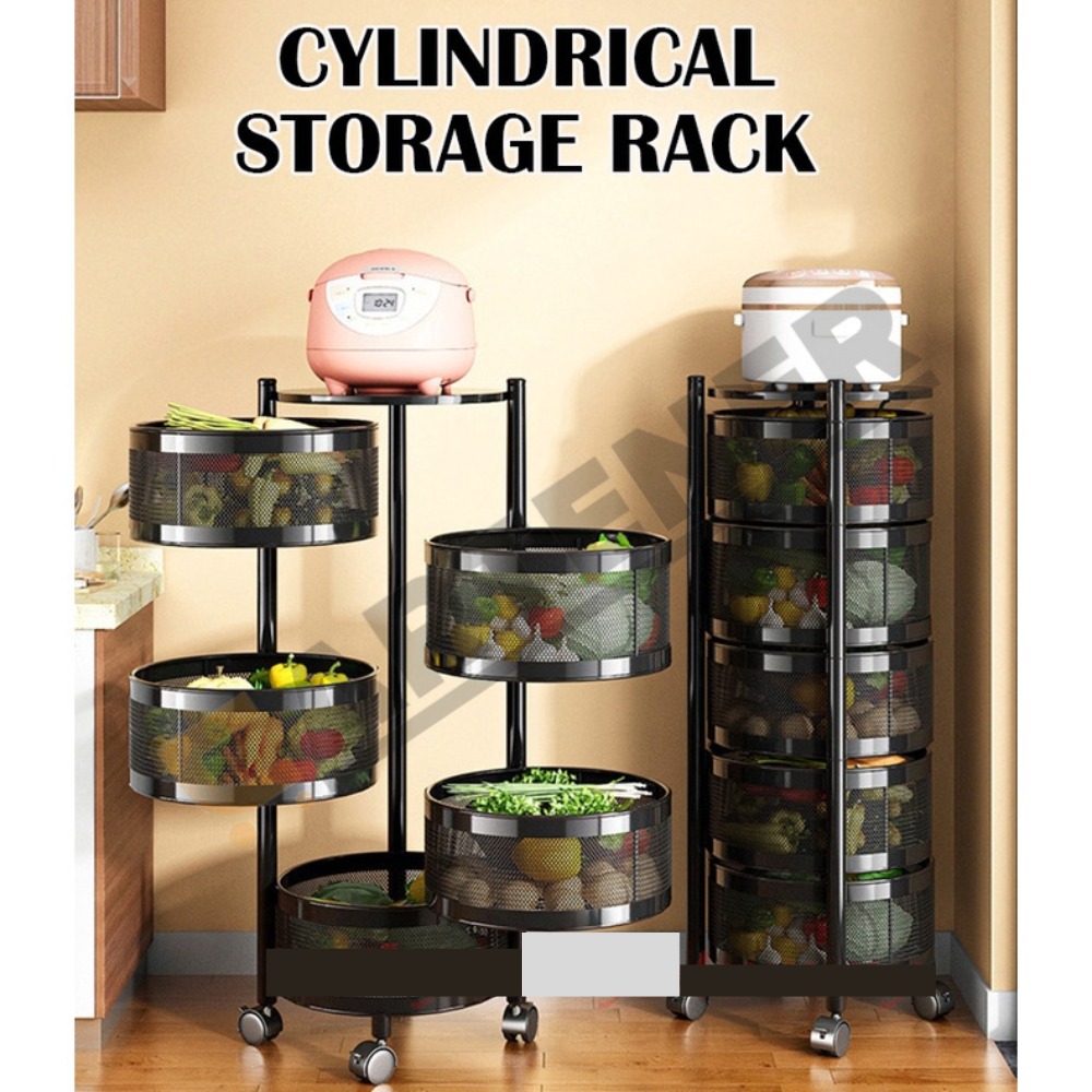 Cylindrical Kitchen Rotating Storage Box Basket Trolley Rack Vegetable ...