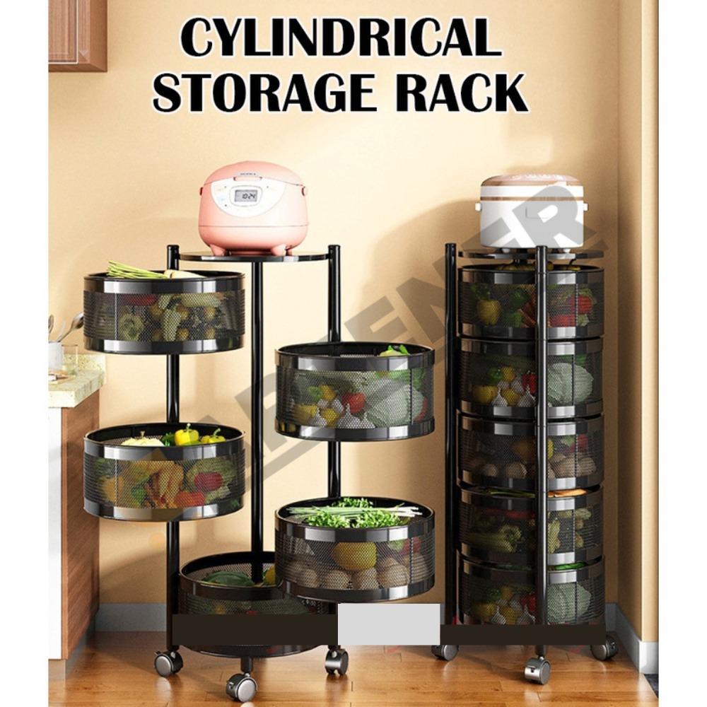 Cylindrical Kitchen Rotating Storage Box Basket Trolley Rack Vegetable ...