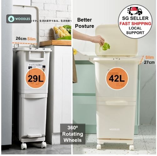 Woodles Large 2-Tier Sorting Bin Lid★360° Wheel★Kitchen Rubbish Garbage ...
