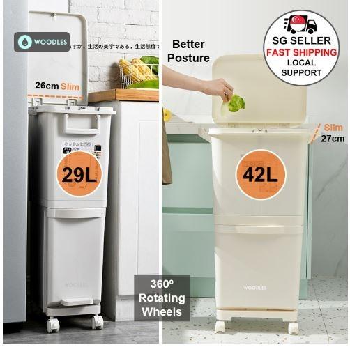 Woodles Large 2-Tier Sorting Bin Lid★360° Wheel★Kitchen Rubbish Garbage ...