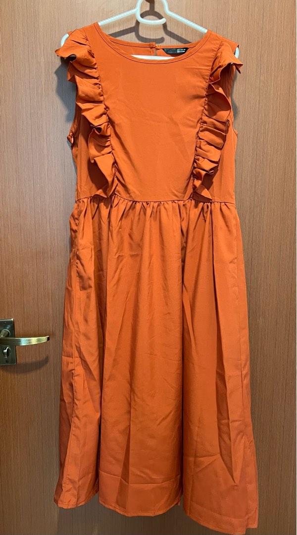 Burnt Orange Ruffle Fit and Flare Midi Sleeveless Dress, Women's ...