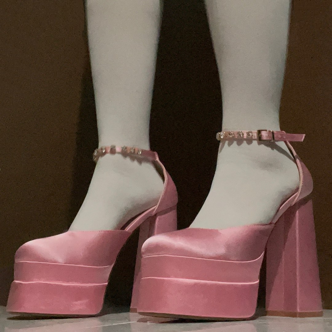 Satin Pink Square Toed Platform Heels, Women's Fashion, Footwear, Heels ...