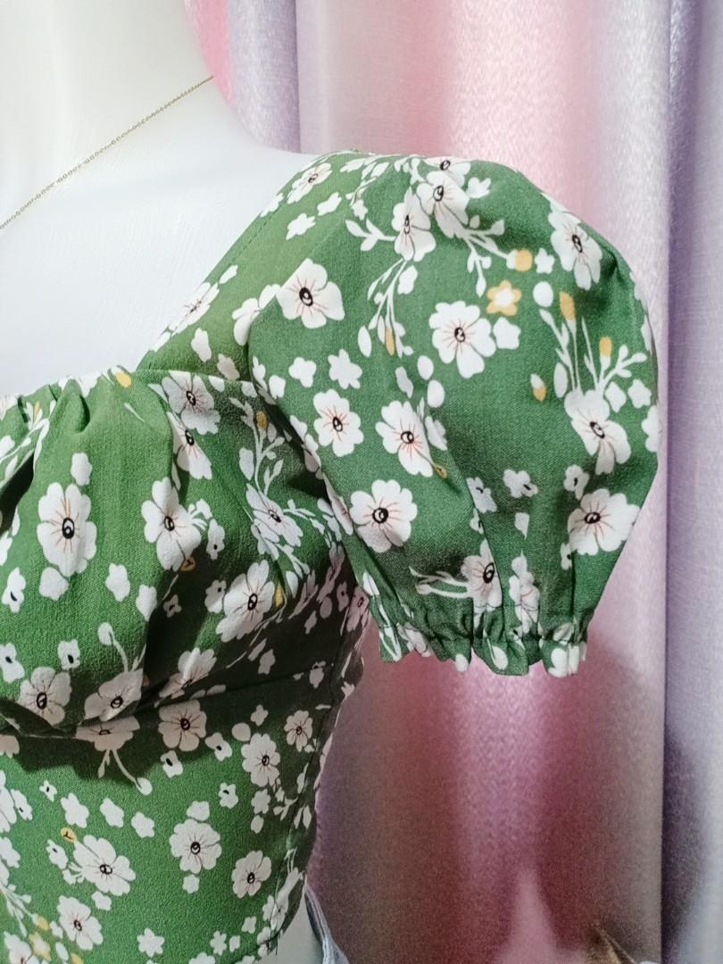 Vintage Puff Sleeve Floral Design Womens Fashion Tops Blouses On