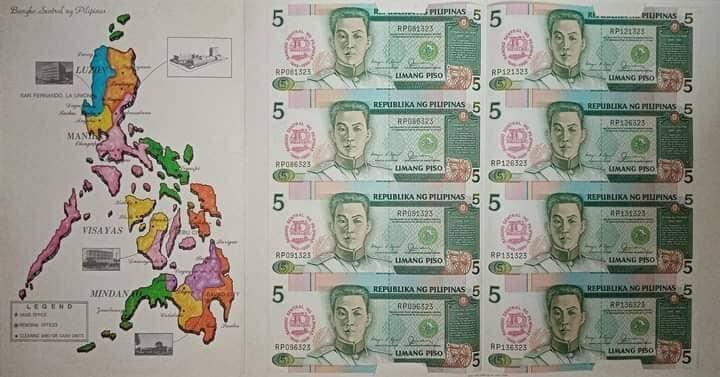 Overprint - 5piso 8pcs Uncut banknote in a folder Philippines money ...