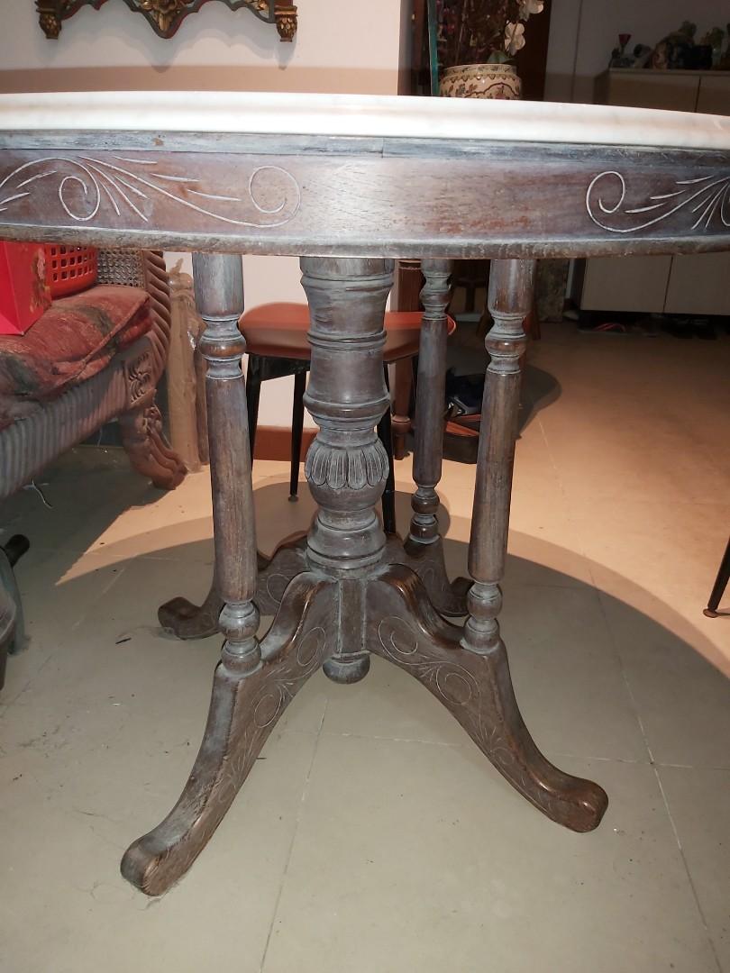 Antique Teak & Marble Kopi Tiam Table, Furniture & Home Living ...