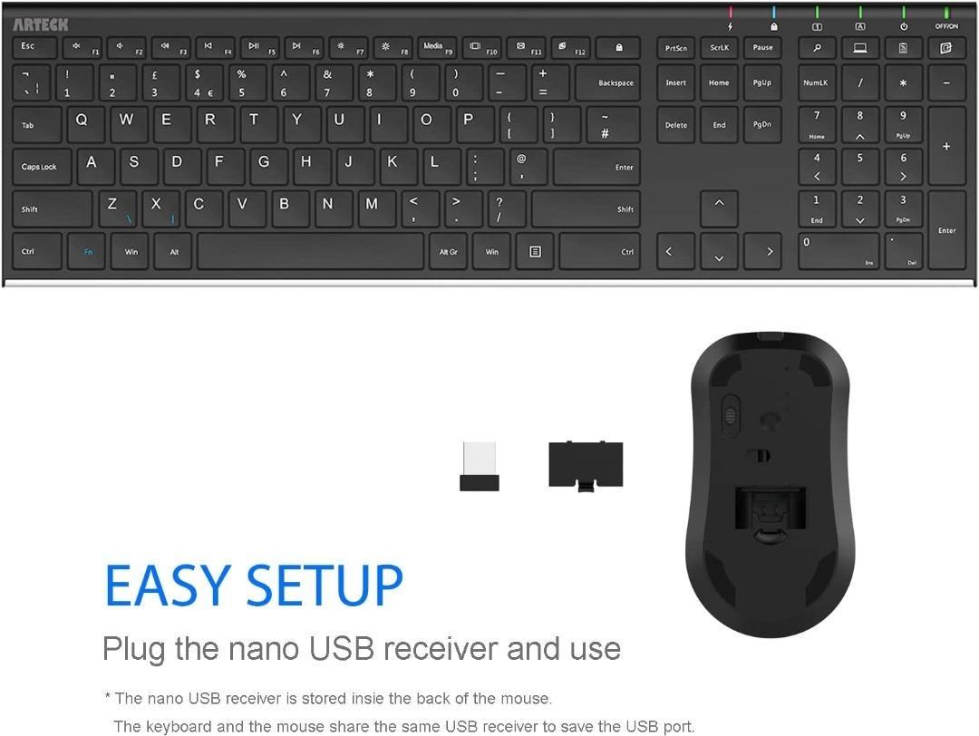 Arteck 2.4G Wireless Keyboard and Mouse Combo Stainless Steel Ultra ...