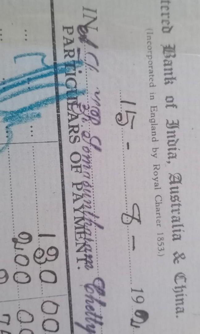 CHARTED BANK OF INDIA , AUSTRALIA AND CHINA - bank Receipt with stamp ...