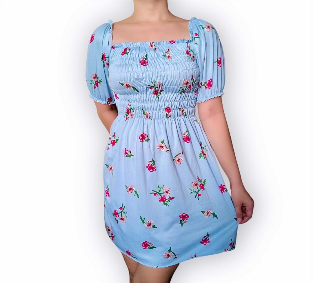 Light Blue Smocked Puff Sleeve Dress, Women's Fashion, Dresses & Sets ...