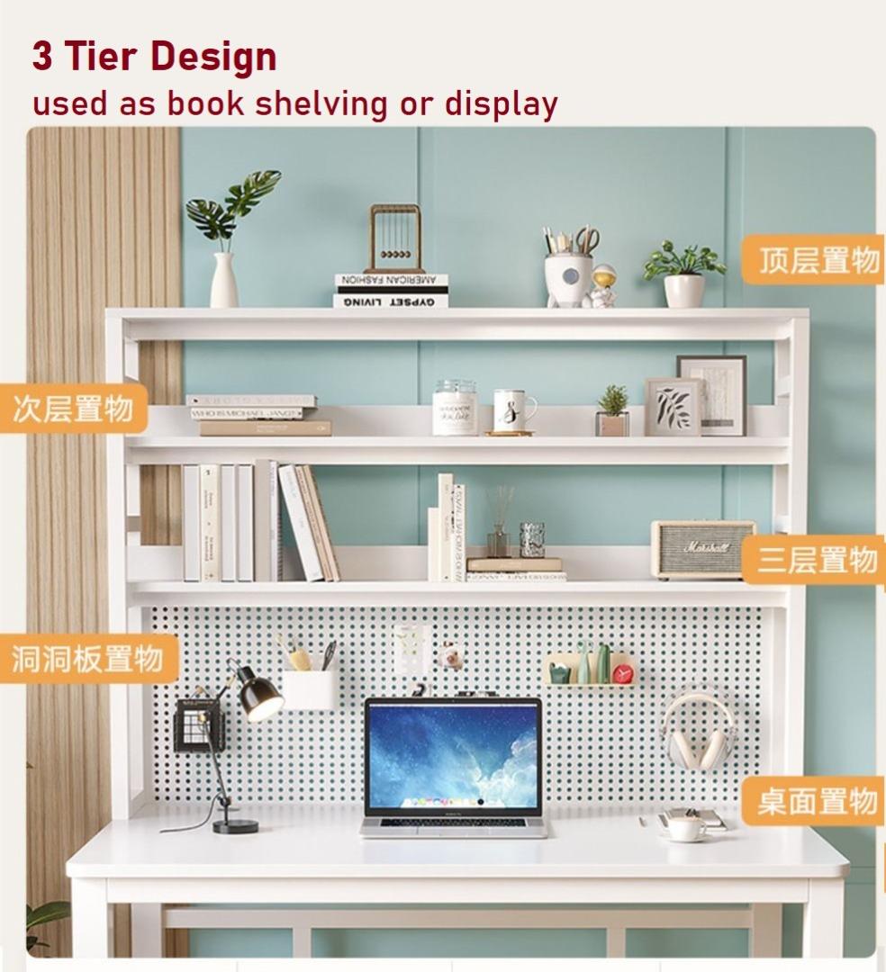 3-Tier Metal Study Table Computer Desk with Pegboard and Book Shelving ...