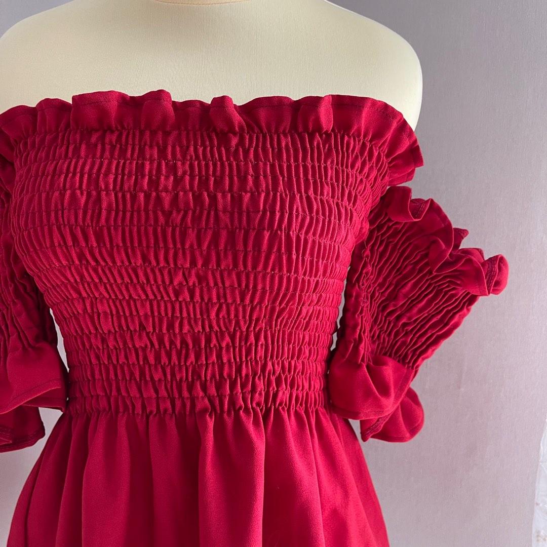 Atasan Wanita Merah Red Sabrina Strech Dress Maron Karet, Fesyen Wanita ...