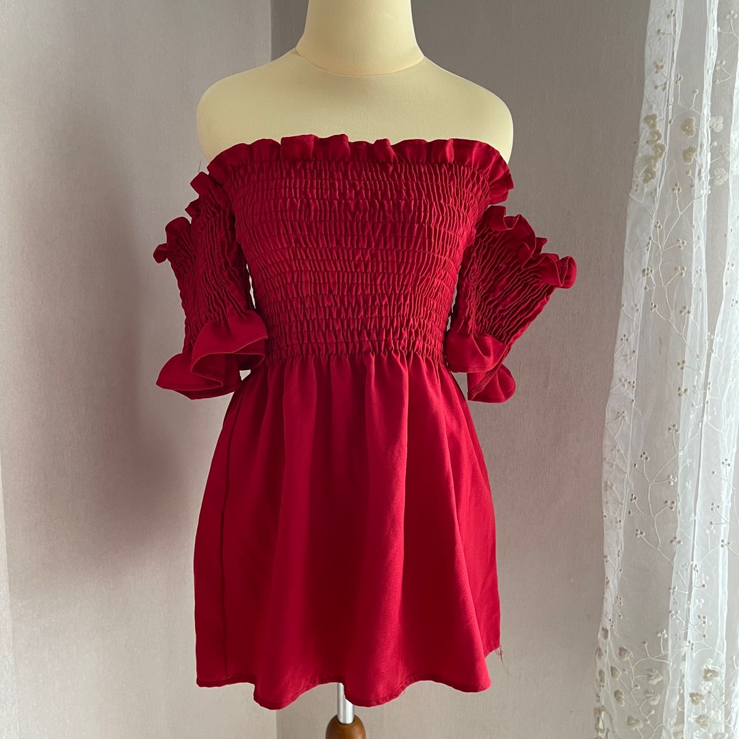 Atasan Wanita Merah Red Sabrina Strech Dress Maron Karet, Fesyen Wanita ...