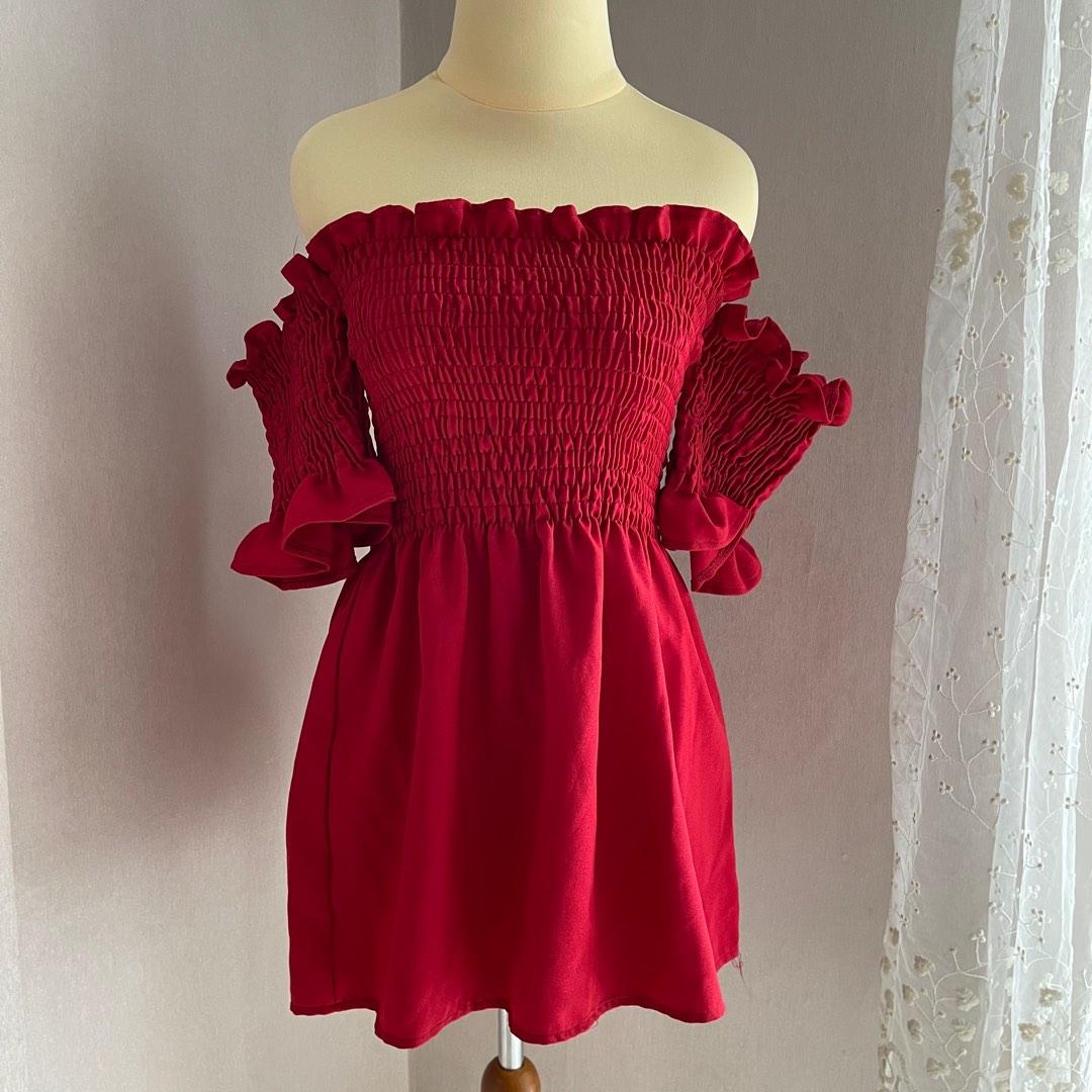 Atasan Wanita Merah Red Sabrina Strech Dress Maron Karet, Fesyen Wanita ...