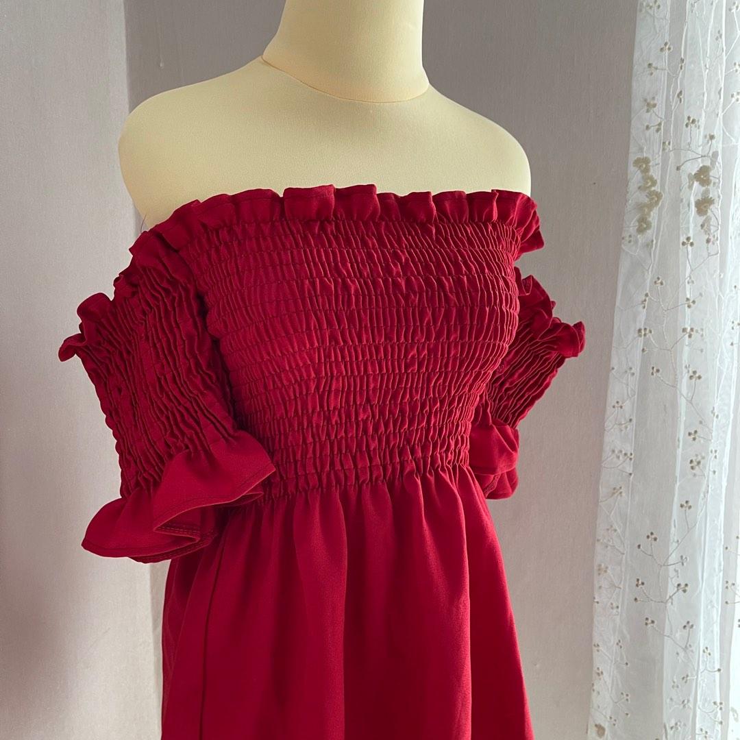 Atasan Wanita Merah Red Sabrina Strech Dress Maron Karet, Fesyen Wanita ...