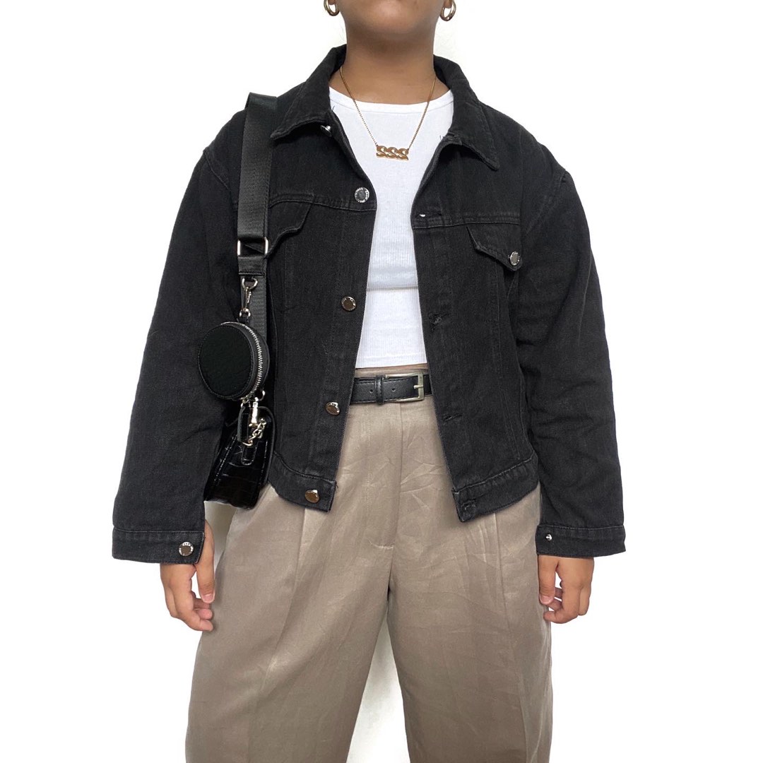 black semi crop denim jacket, Women's Fashion, Coats, Jackets and ...
