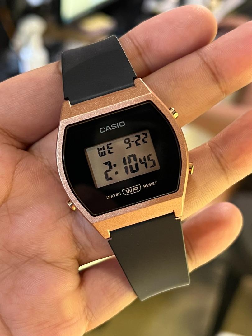 CASIO Digital Black Strap Resin Band Ladies Watch Rose Gold Dial LW-204 ...