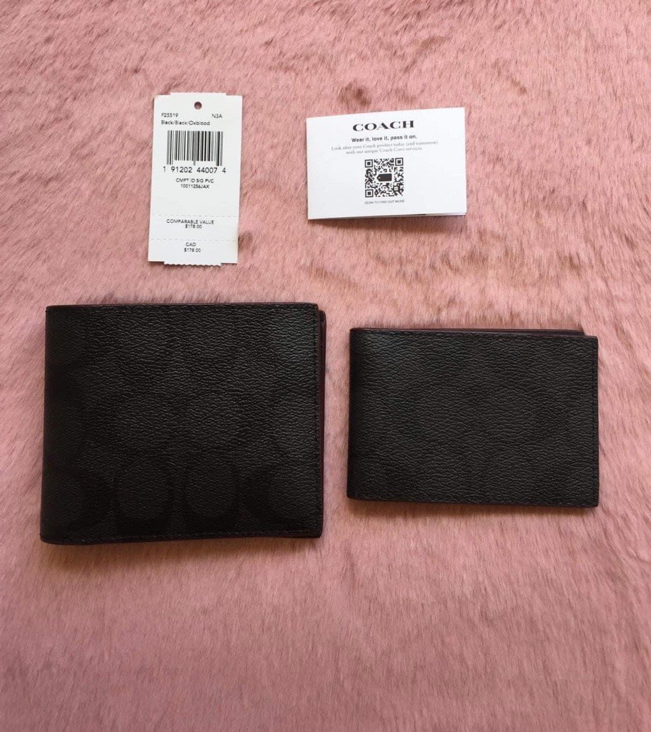 Coach Compact ID Signature Black Oxblood Mens Bifold Wallet, Men's ...