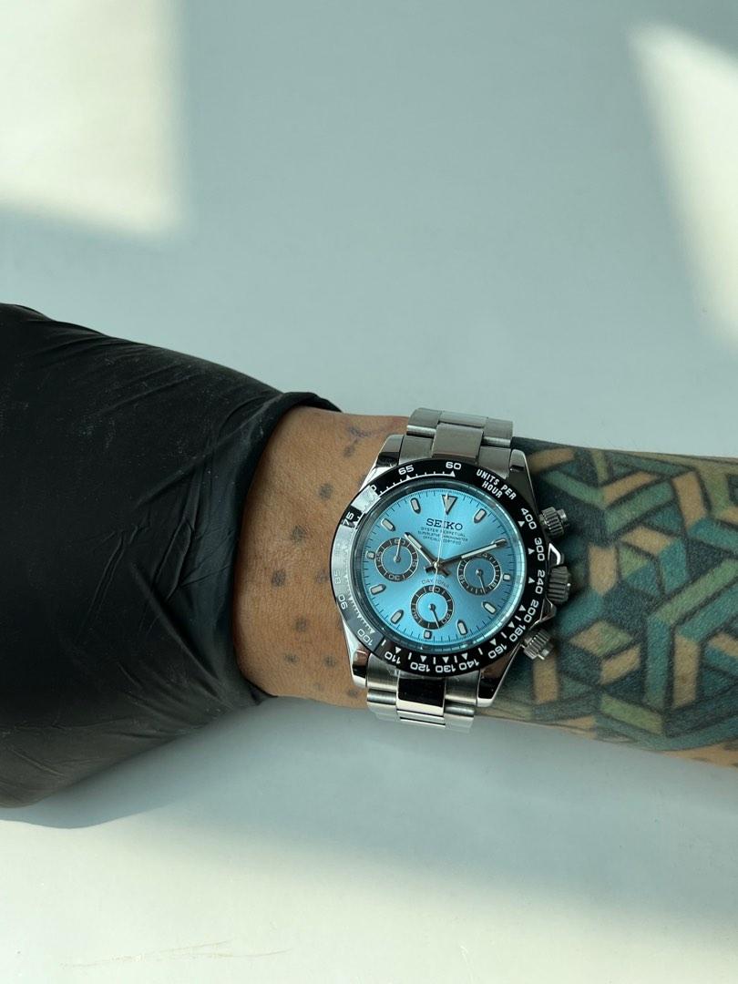 Custom Seiko Mod 39.5mm Ice Blue Daytona Quartz Chronograph, Men's ...