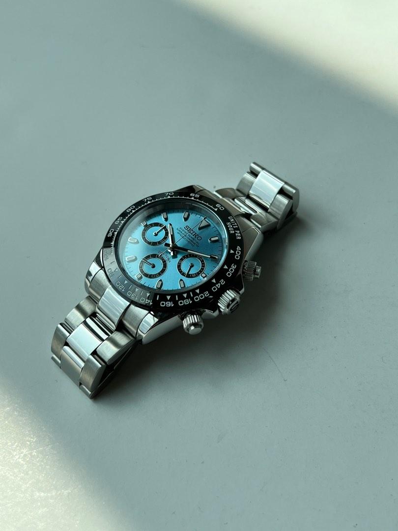 Custom Seiko Mod 39.5mm Ice Blue Daytona Quartz Chronograph, Men's ...