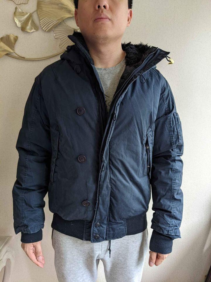 FCUK Navy Blue Winter Jacket with Black Fur Hoodie, Men's Fashion ...