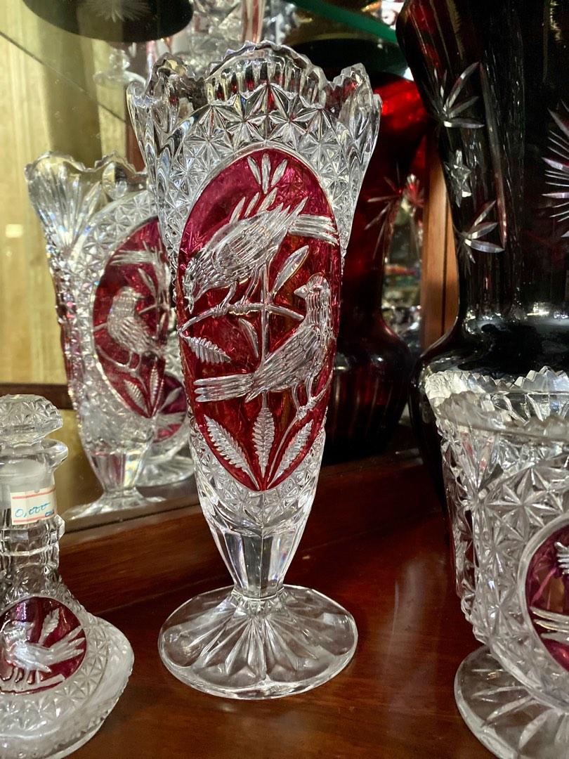 Vintage Hofbauer Byrdes German Lead Crystal Ruby Red Vases and Decanter ...