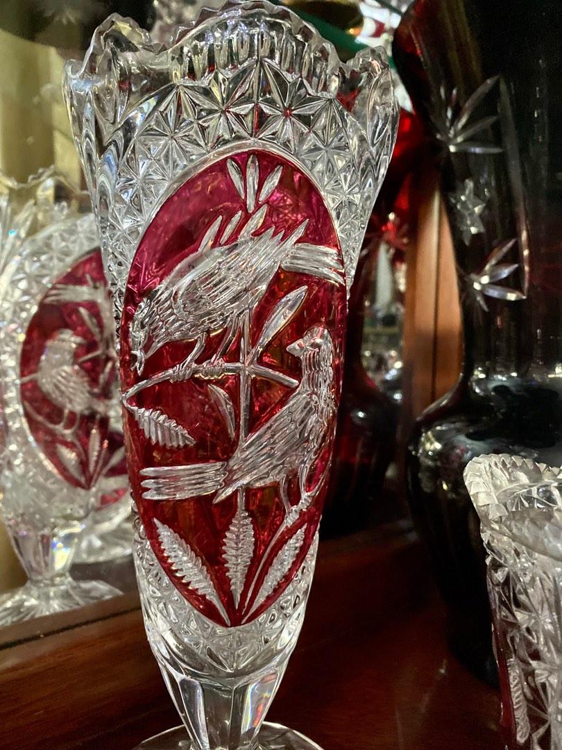 Vintage Hofbauer Byrdes German Lead Crystal Ruby Red Vases and Decanter ...