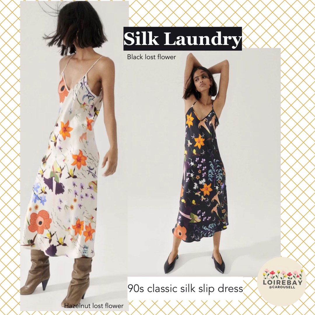 Silk Laundry 90s Classic silk slip dress, black hazelnut lost flowers ...