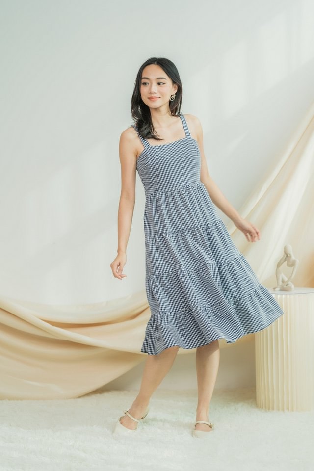 The Stage Walk Clara Gingham Tiered MIDI Dress In Navy XS, Women's ...