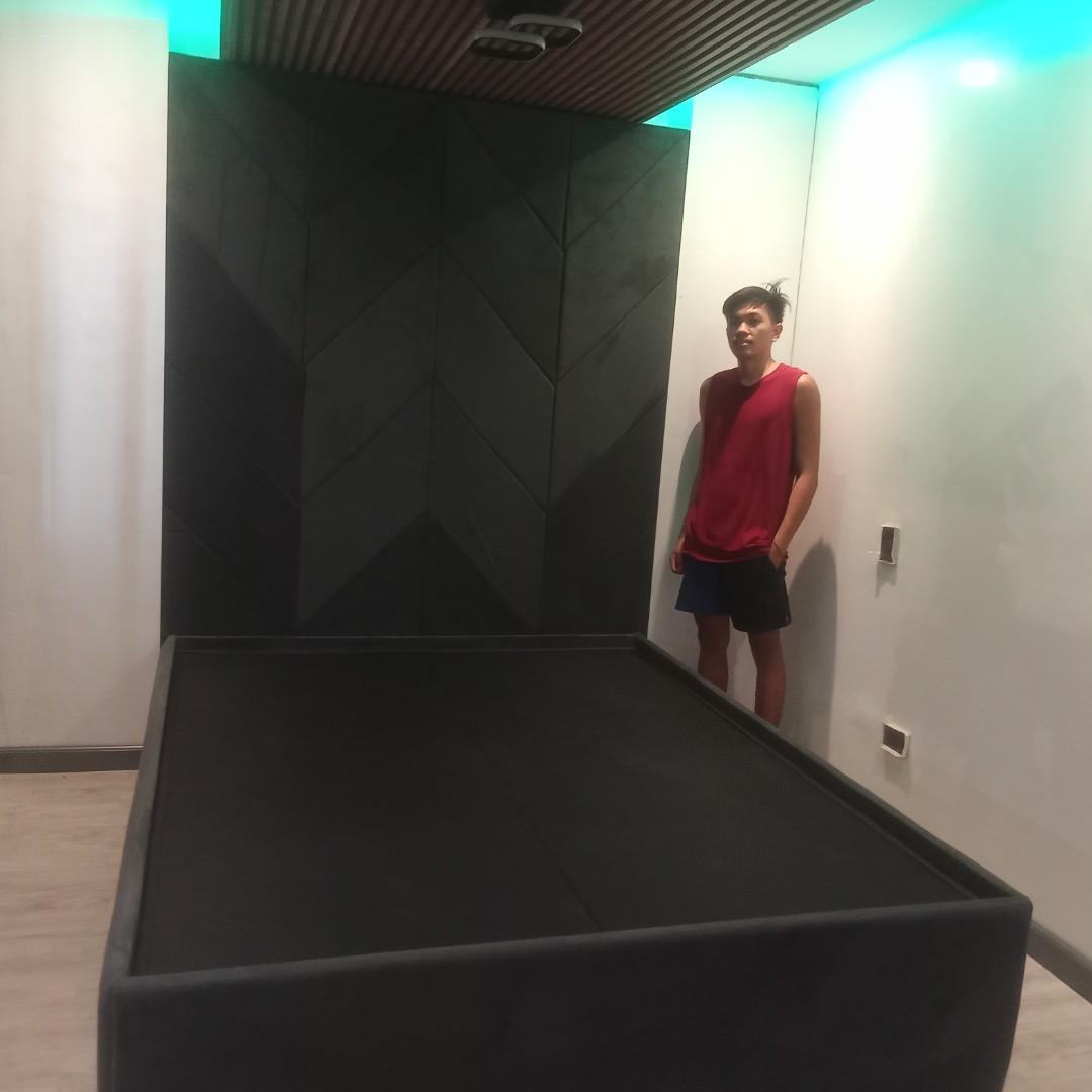 Bed frame with wall padding puzzle, Furniture & Home Living, Furniture ...