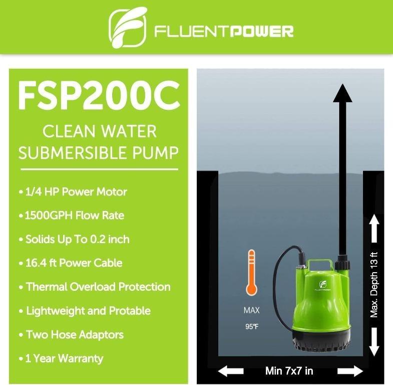 FLUENTPOWER 1/4 HP Portable Utility Submersible Pump with 1500 GPH Flow ...