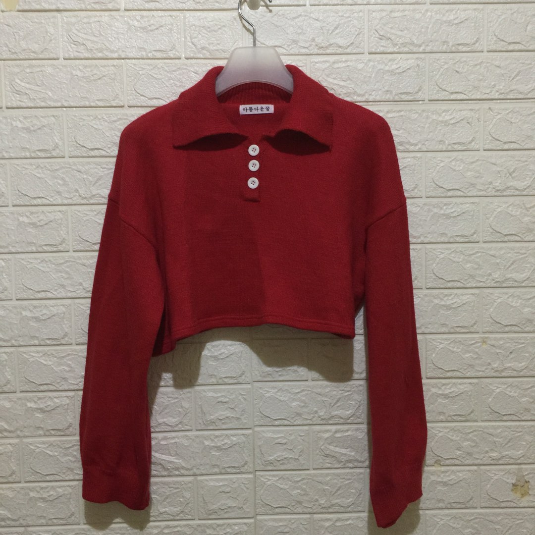 Korean Red Knit Cropped Top, Women's Fashion, Tops, Longsleeves on ...