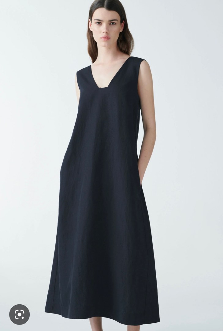 LF: COS long shift dress w/ square neck in navy blue, Women's Fashion ...