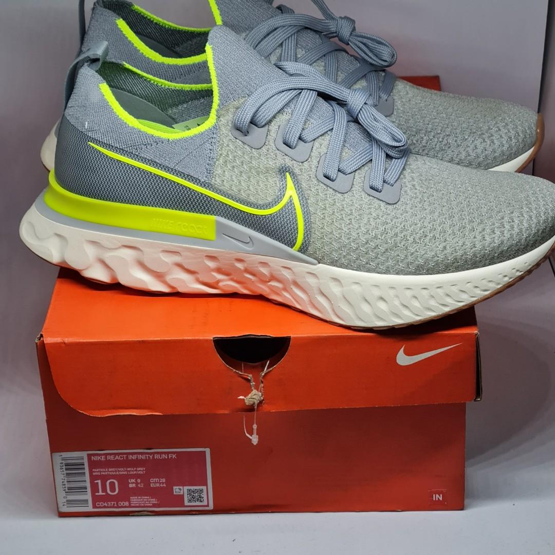 Nike React Infinity Fly Knit grey voltage no 44, Fesyen Pria, Sepatu , Sneakers di Carousell