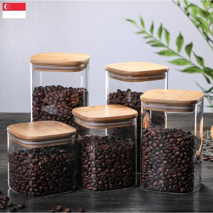 Square Shape Glass Coffee Bean Jar Food Storage Container with Bamboo ...