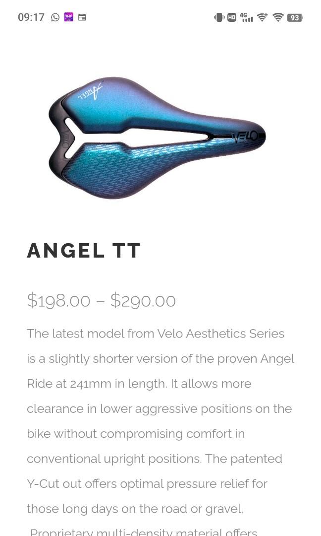 Velo Angel TT Saddle 143mm, Sports Equipment, Bicycles & Parts, Parts ...