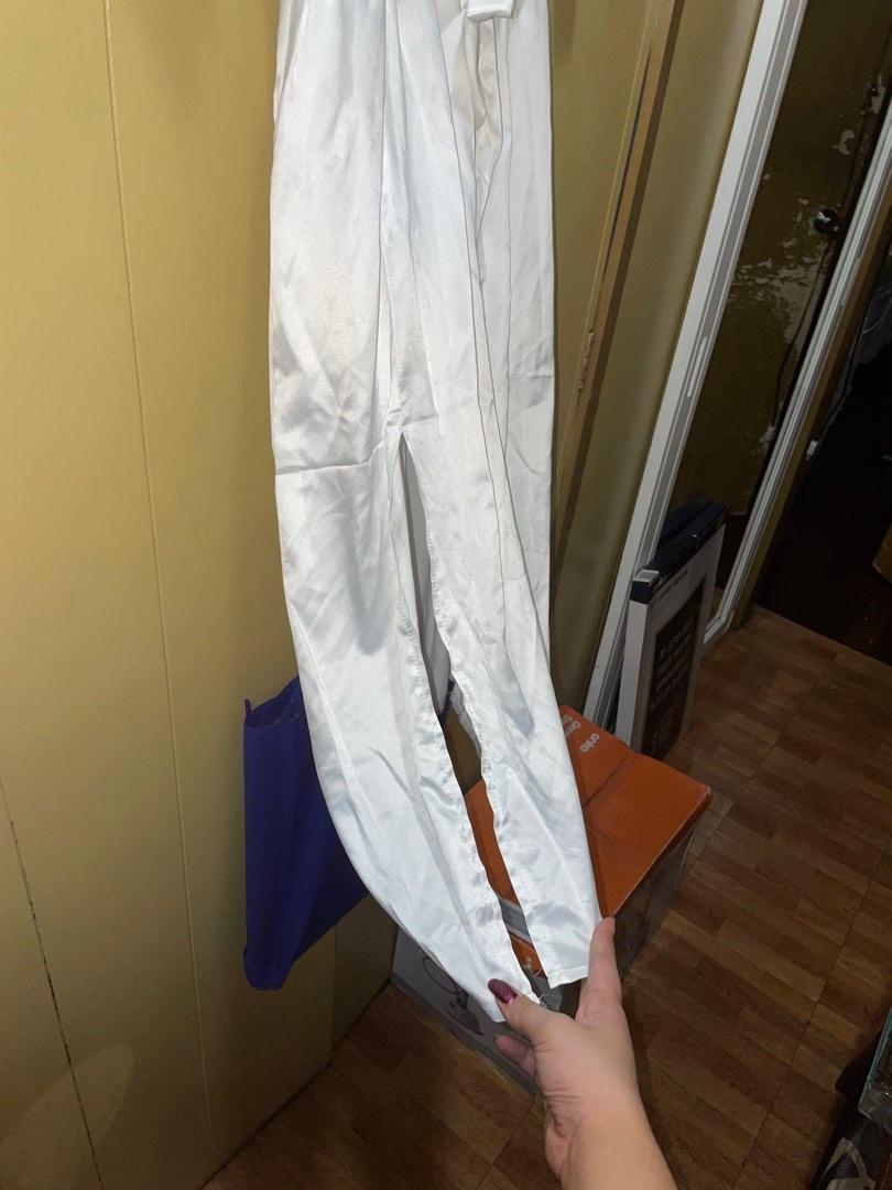 White silk satin dress with slit, Women's Fashion, Dresses & Sets, Evening dresses & gowns on ...