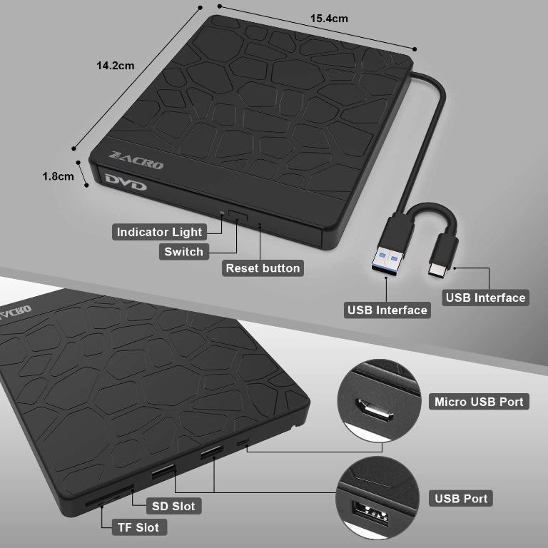 Zacro External CD DVD Drive Portable USB 3.0 Type-C Dual-Port Player ...