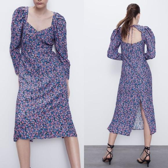 ZARA PURPLE FLORAL PUFF SLEEVE MIDI DRESS, Women's Fashion, Dresses ...