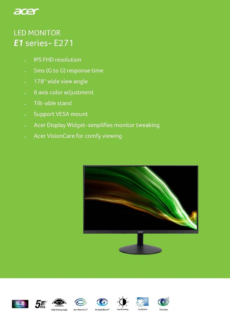 Acer E271 27'' Full HD Monitor 1080P,IPS,5ms,75Hz,72% NTSC,VGA+HDMI - 3 ...