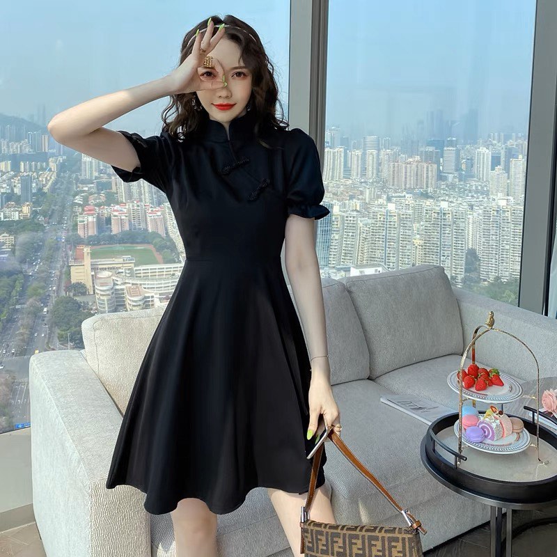 Black Cheong Sam dress in skater cut, Women's Fashion, Dresses & Sets ...