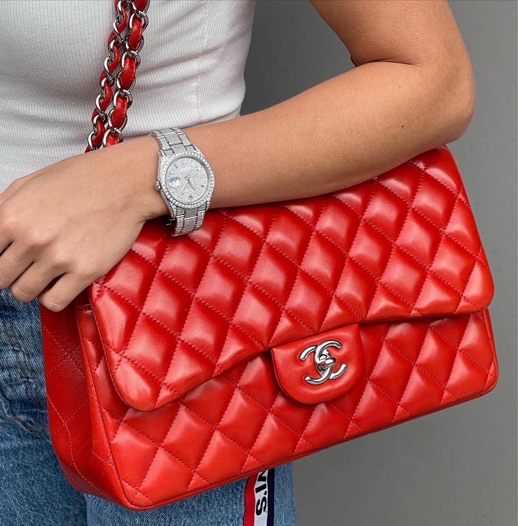 Chanel Timeless Classic Jumbo 30 Double Flap Red Lambskin silver ...
