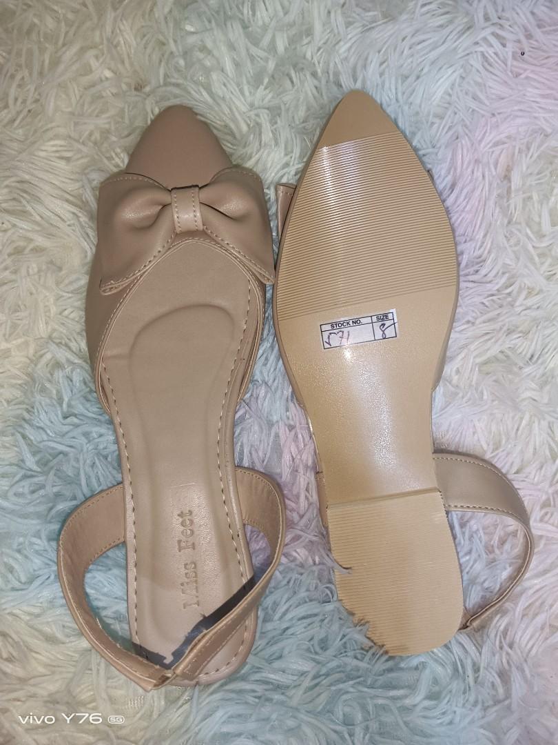 Miss Feet Flat Pointed Shoes Nude with Ribbon, Women's Fashion ...