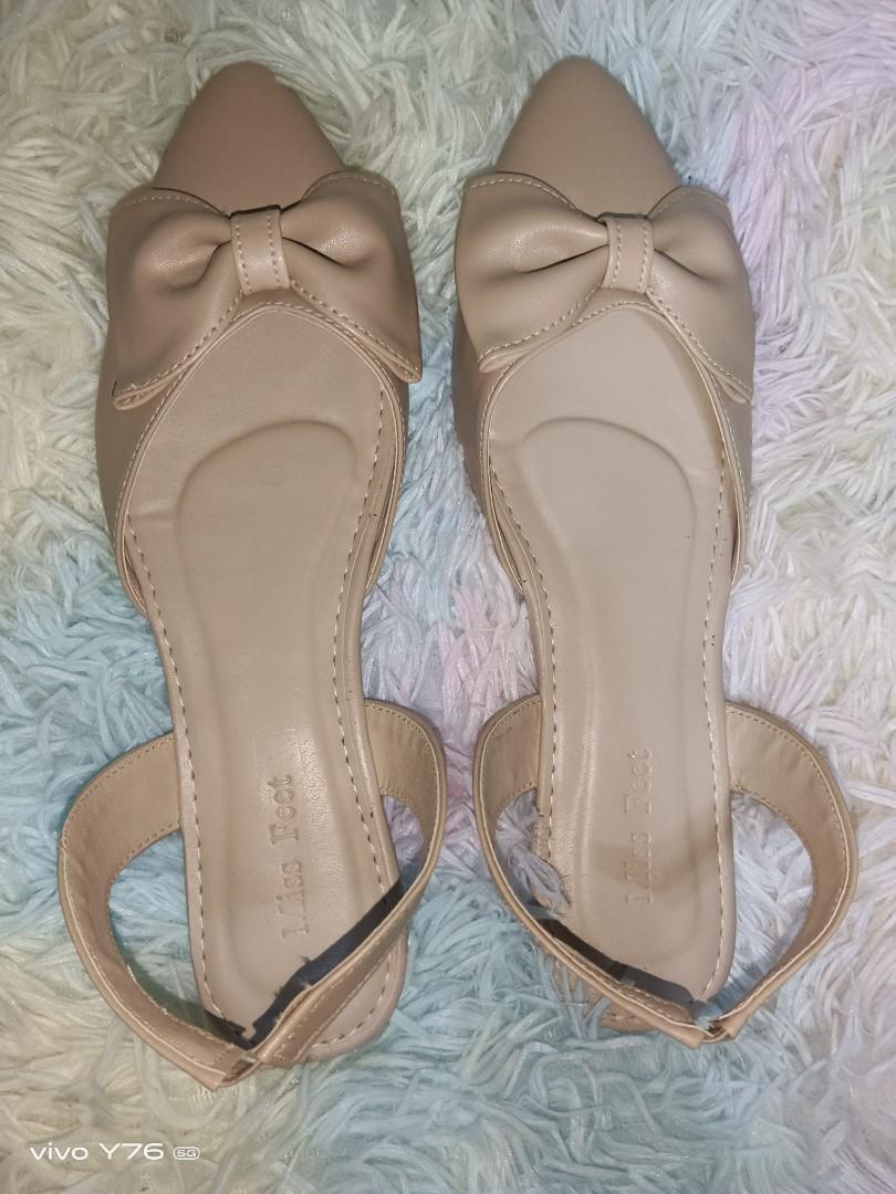 Miss Feet Flat Pointed Shoes Nude with Ribbon, Women's Fashion ...