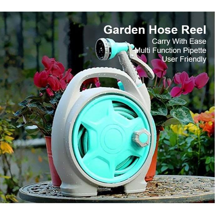 Retractable Car Garden Hose Reel with 6 Adjustable Sprayer Nozzle Dual Size Connector 15M Water ...